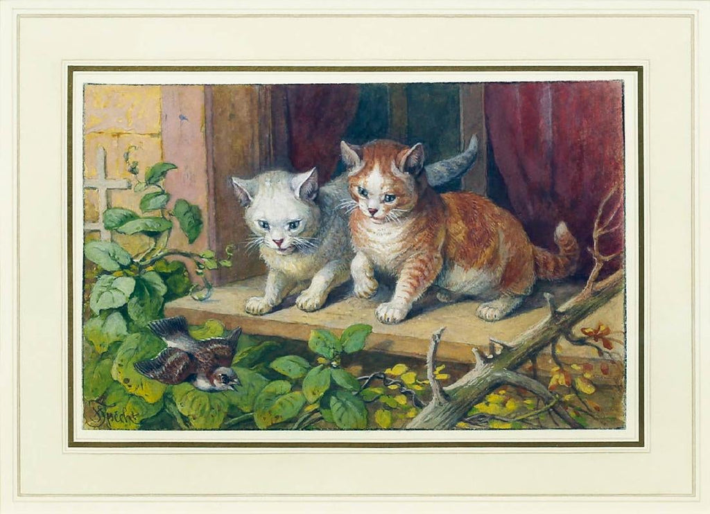 Friedrich Specht (German, 1839-1909) Two Kittens Watching a Sparrow ...